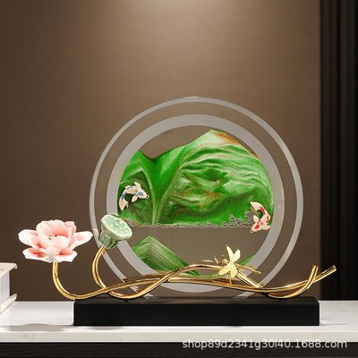 荷塘夜色流沙画摆件高档新中式禅意客厅酒柜电视柜博古架装饰摆设