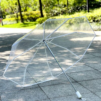 Qiutong小清新白色架子男女通用透明雨伞折叠透明伞三折伞手开伞