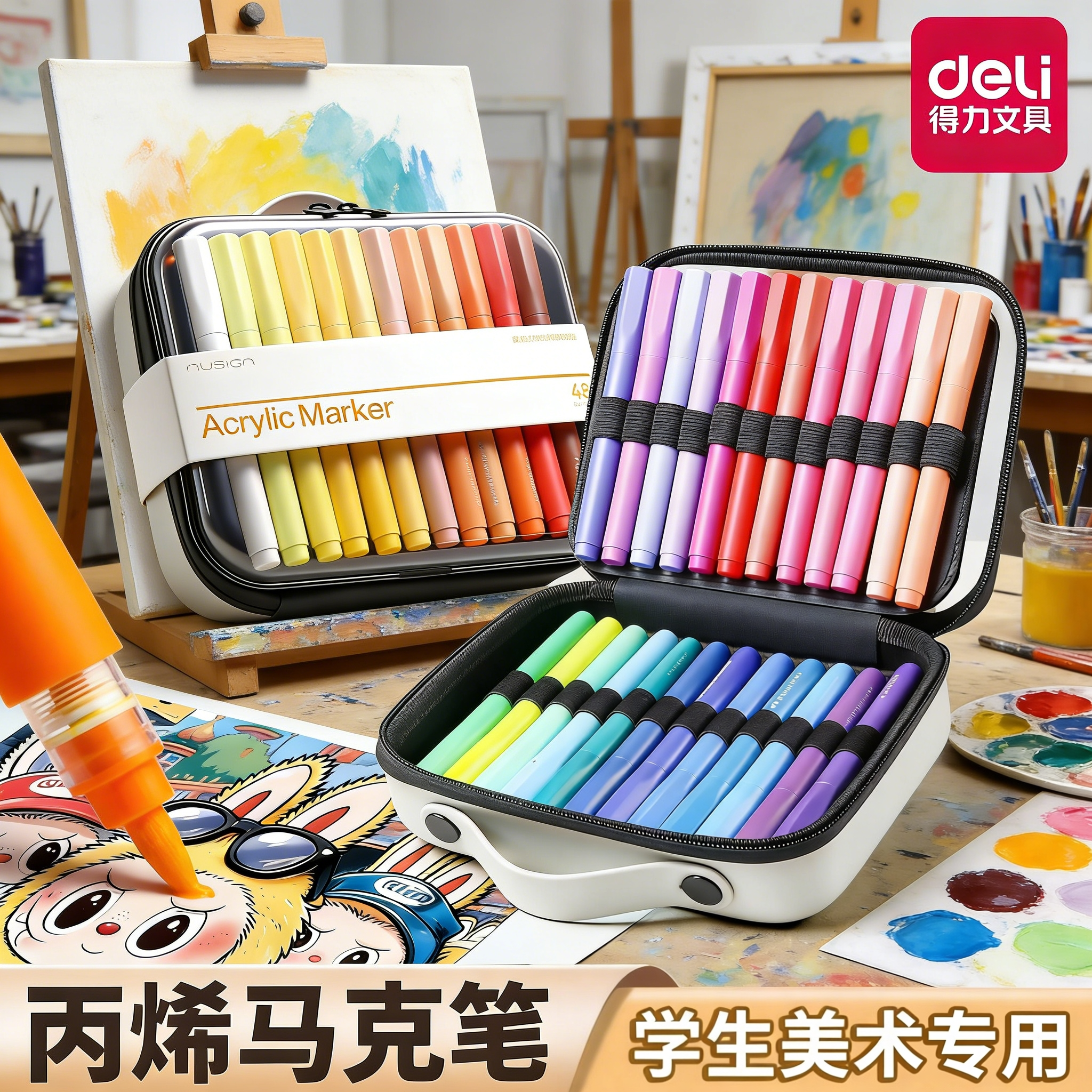 得力小画箱直液式丙烯马克笔软头学生美术专用大容量套装绘画笔手提收纳盒漫画绘制超纤软绘笔彩笔手账绘画笔