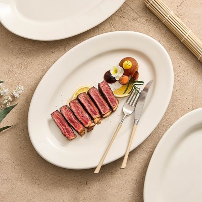 优格德士敦陶瓷h西餐盘纯白创意盘子耐高温椭圆牛排盘家用菜盘鱼