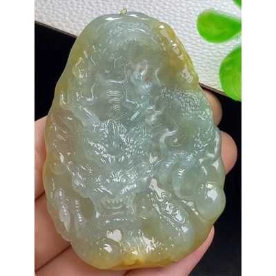 缅甸天然A货玉石翡翠 老坑冰种 手工精雕 飘黄翡龙牌吊坠