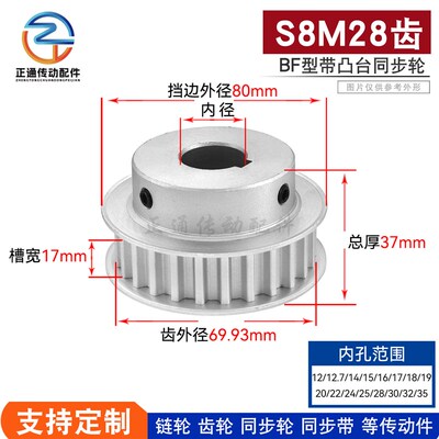 现货同步轮S8M28齿带台阶 28S8M150-B 槽宽17 铝合金同步皮带轮BF