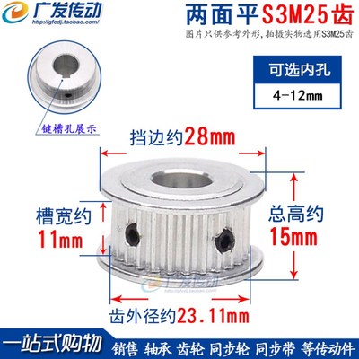 S3M25齿 两面平 槽宽11 同步皮带轮 AF型同步轮内孔4-12