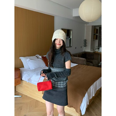 sameriver3.4晚8点 灰色韩系复古高领菱格提花短袖针织毛衣配袖套