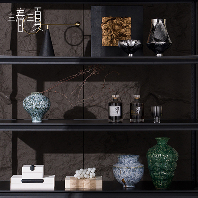 样板间书房书柜展柜摆件茶室禅意侘寂风复古新中式博古架软装饰品