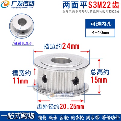 S3M22齿 两面平 槽宽11 同步皮带轮 AF型同步轮内孔4-10