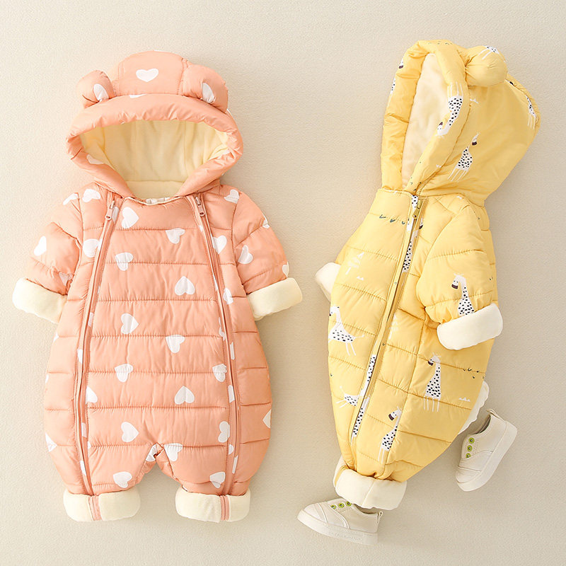 婴幼儿连体羽绒棉服加厚加绒新生儿爬爬I服连帽卡通保暖哈衣爬行