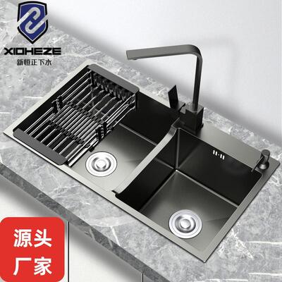 跨境货源不锈钢水槽双槽7843黑色涂层洗菜盆加厚手工水池厨房水槽