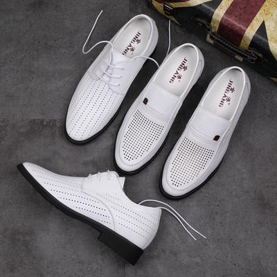 夏季内增高鞋男士8cm真皮凉鞋白色婚鞋商务休闲镂空透气带孔男鞋