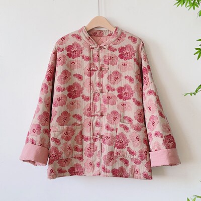 【花落】秋冬复古百搭印花宽松保暖中式盘扣棉衣外套 51863