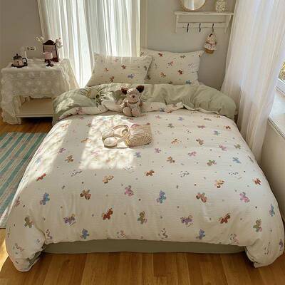 双层棉纱纯水洗床四件套母婴级花碎简约6868云感被套被罩宿舍上三