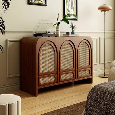 美式中古藤风餐25829边柜编实物木复古玄关柜客厅储柜茶装饰柜收