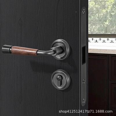 简约法式黑胡YUL桃门木门锁室内卧室门房锁门把静音磁吸手房间锁