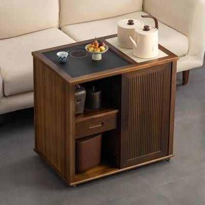 黑胡桃木茶桌家用小车茶台边移动茶实WYC木泡茶几烧水柜一体茶水