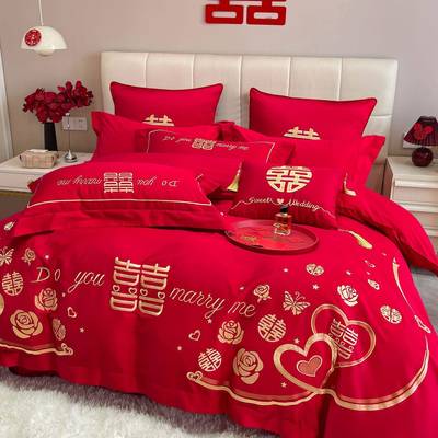 婚嫁床上四件套大红色被套婚房用陪品嫁40TMM1030支棉长绒刺绣18.