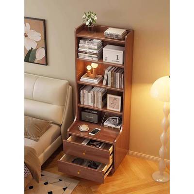 实木床头柜书架一体多物置架卧室床边加高层物柜小储型FWB窄款收