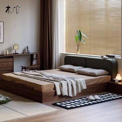 浮山软包床北美BXO黑小胡桃木床榻人榻米床落地矮床双主卧复古户
