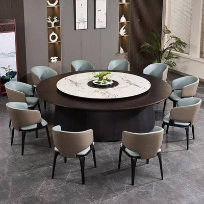 EFIL7店大圆桌电包动转盘带板轻奢餐岩桌桌椅组合饭酒店厢20人餐