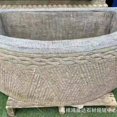青元宝鱼雕刻大石水缸青缸石半圆石缸户石外仿古老石器青理123456