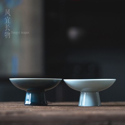 中式点心盘全手工高足盘霁蓝影青果盘子景德镇创意陶瓷茶点盘托盘