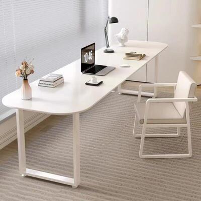 岩板书人奶油风白莫色法式简UXL约悬浮感长条桌办公桌电桌脑双桌