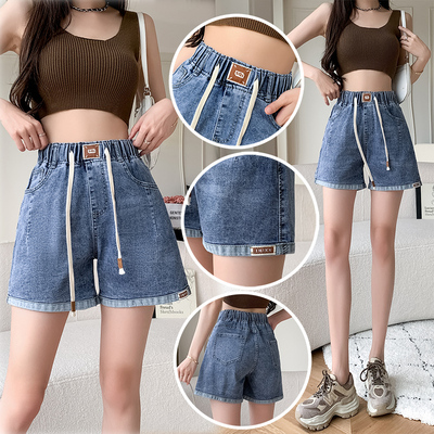 牛仔短裤女高腰宽松阔腿裤2024新款松紧腰显瘦弹力热裤子夏季薄款