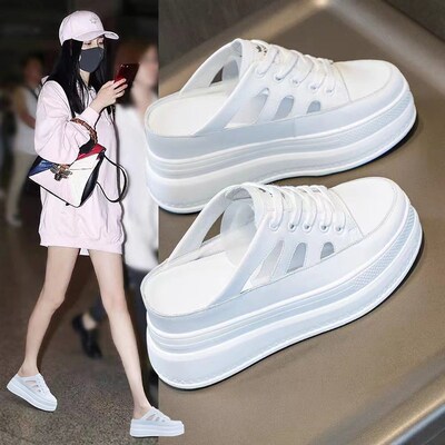 厚底包头半拖鞋女外穿2p025夏季新款一脚蹬办公室真皮百搭白色凉