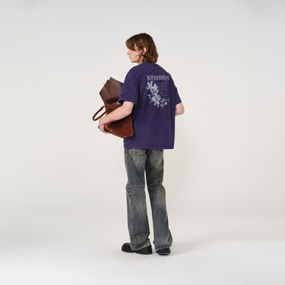 NPNG 紫色玫瑰印花短袖T恤男女同款重磅纯棉做旧水洗纯棉情侣上衣