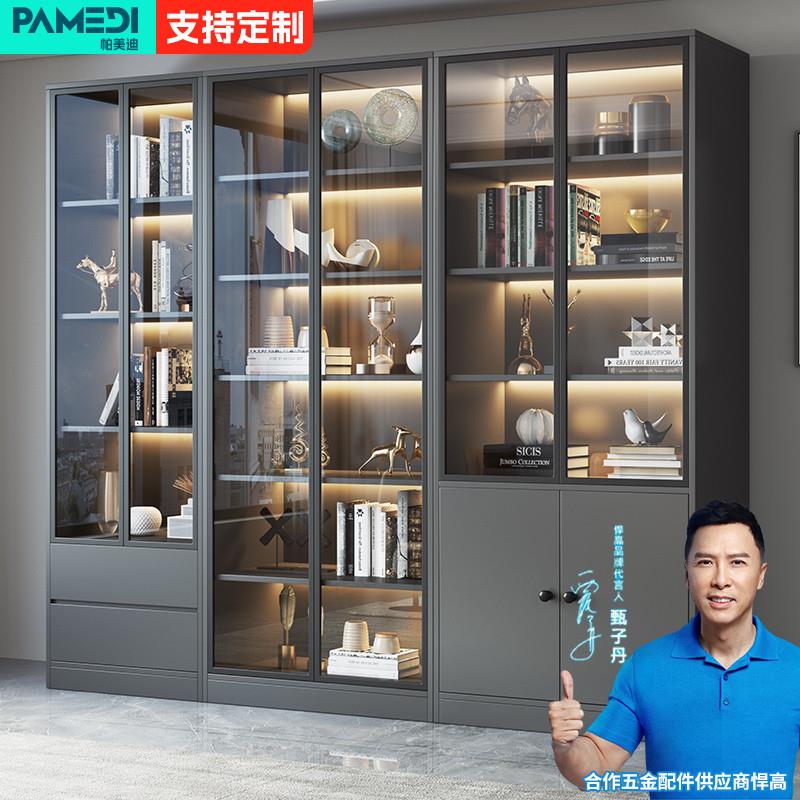 组合书柜轻奢玻璃门家用客厅展示柜一体整墙定制实木书架储物柜