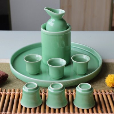龙泉青瓷酒具套件酒壶酒杯酒具暖酒壶陶瓷清酒温酒器一壶六杯托盘