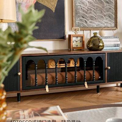 法式实木古茶几电复视柜黑UMZ色式小型客厅落地美储物柜古风户家