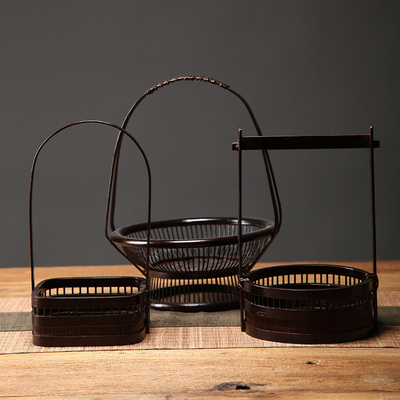 手工竹编日式大漆提手迷你果x篮果盘藤编复古竹制插花篮花器小花