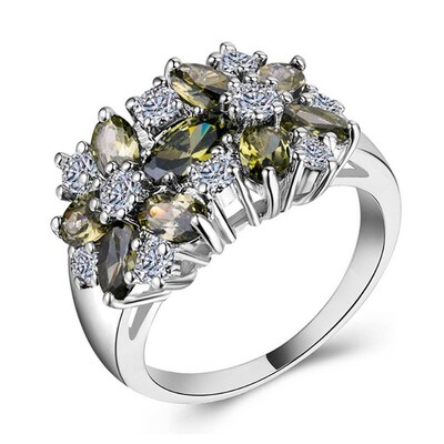 Green Zircon Diamond Flower Ring Fashionable European Americ
