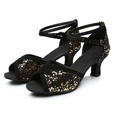 Womens Adult Middle Heel Latin Dance Shoes Black Fabric Gol