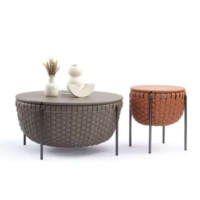 YH011B意式极简圆形茶几组合马鞍皮手工编织设计师圆角几大容量储