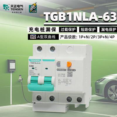 天正电气A型双曲线漏保TGB1NLA 1P+N 3P+N 40A充电桩漏电保护开关