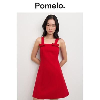 【新年系列】Pomelo 甜美修身蝴蝶结设计感红色方领吊带连衣裙