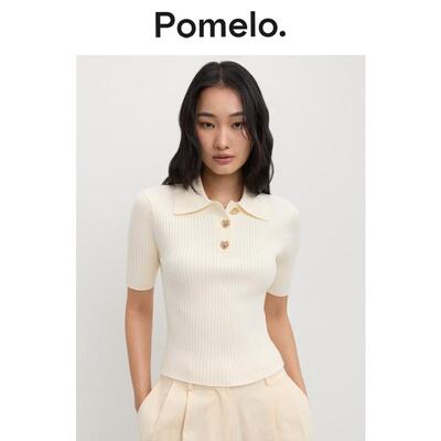 Pomelo 学院风Polo领针织衫女爱心纽扣修身显瘦设计感小众短袖女