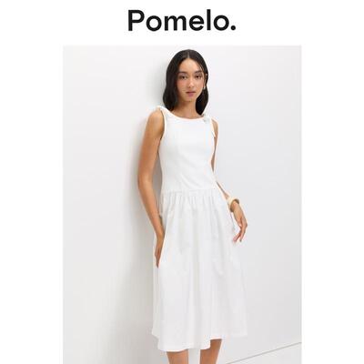 Pomelo 法式气质白色连衣裙蝴蝶结肩带宽松显瘦通勤中长款连衣裙