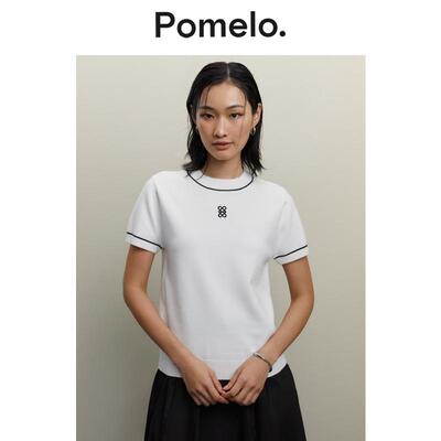 Pomelo 休闲简约白色撞色短袖针织上衣女