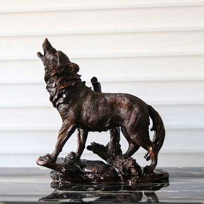 新中式动物狼嚎叫雕塑摆件样板房酒店大堂前台展厅家居轻奢装饰品
