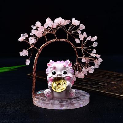 天然白黄粉紫水晶碎石发财树摆件貔貅招财树家居办公桌面白送装饰