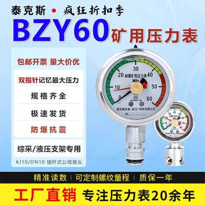泰克斯BZY-60矿用双针耐震压力表煤矿综采支架液压专用不锈钢
