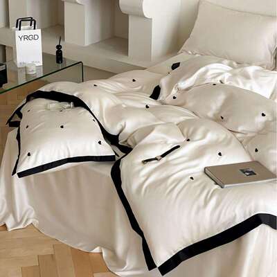 春夏季60S兰精天丝四件套少女心简约爱心印花冰丝被套床上用品