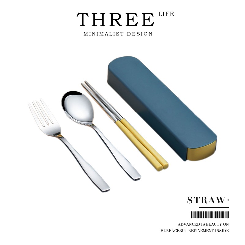 TlifeStraw不锈钢便携式餐具盒三件套装筷子勺子叉子 秸秆