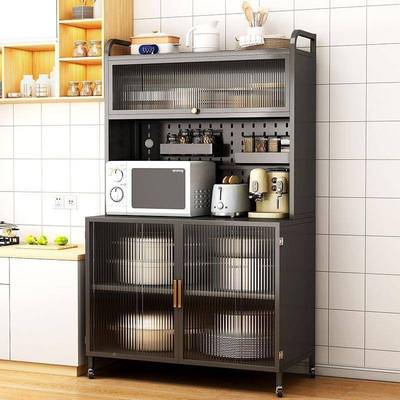 厨房0525置物架带门落地多层橱柜箱微波炉烤器电物储物碗柜门置收