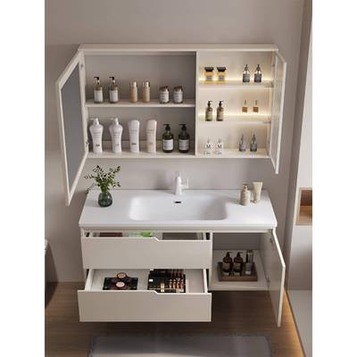 33生奶油风橡柜木烤漆智能室柜镜组合卫间陶瓷洗脸池浴洗漱台法式