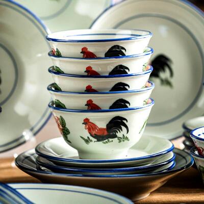 老式陶怀旧公鸡碗吃的碗10个装碗勺套装瓷汤碗用家饭碗复古MYL-QC