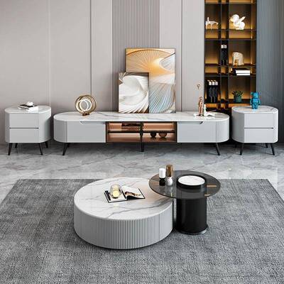 圆视形简约代现客家用小户型落地电视新品轻奢岩板厅电柜茶几TBV