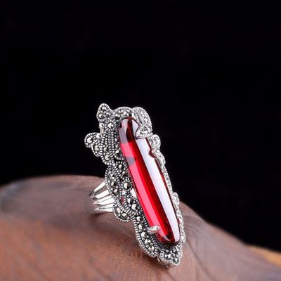人品银品新款上市指环S925银石榴红戒指泰银精工开口手饰做旧